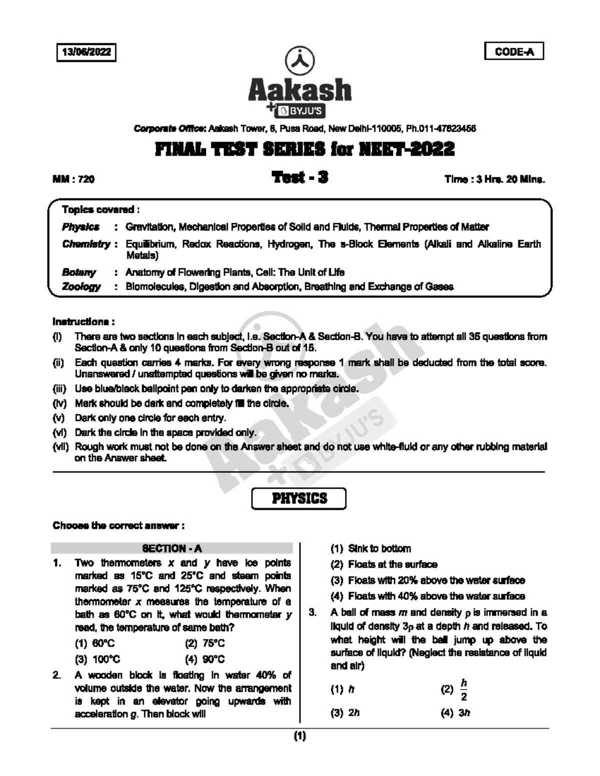 FTS-03 ( Code-A) @Defeat Exam - Physics SL - Studocu