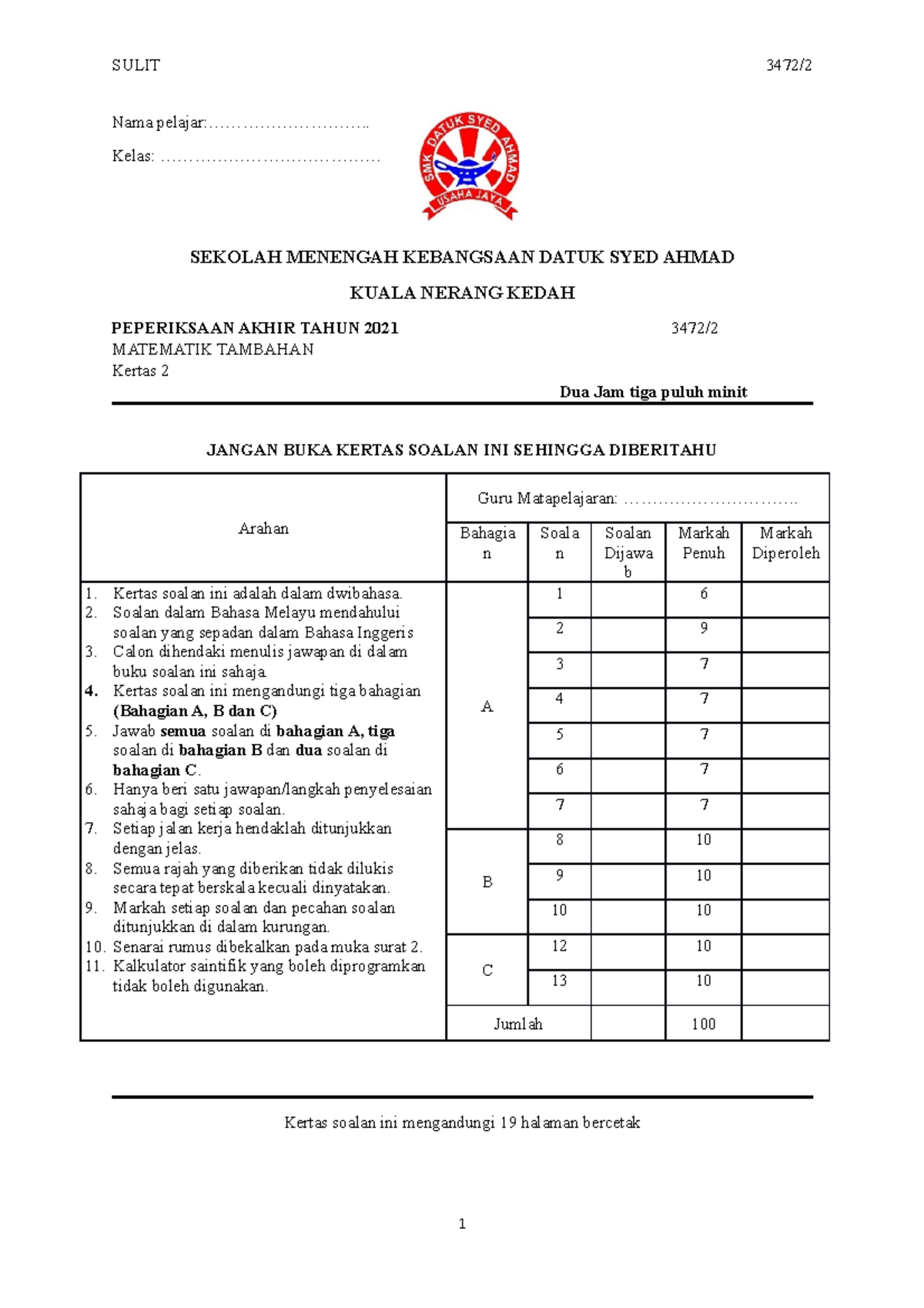 PAT 2021- K2-ADD MATH - SOALAN ADD MATH - Nama pelajar ...