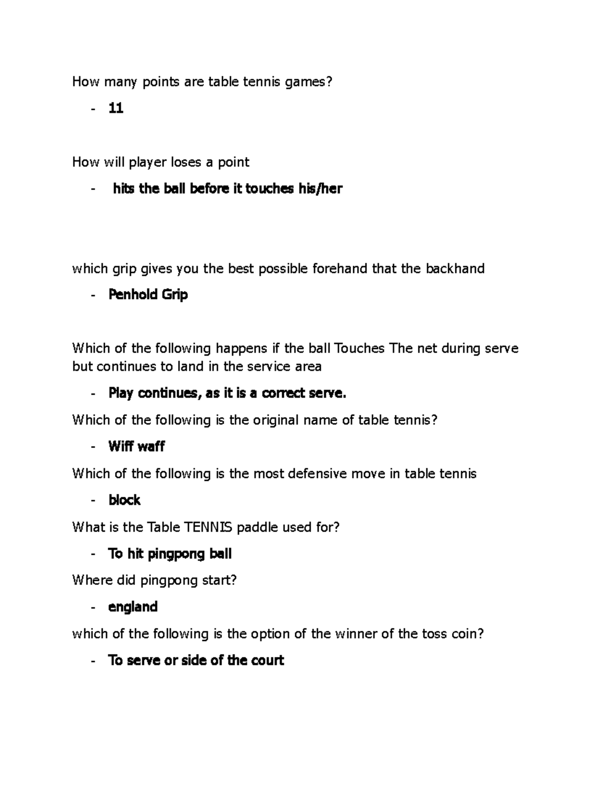 PE Sample Questions In Table Tennis How Many Points Are Table Tennis