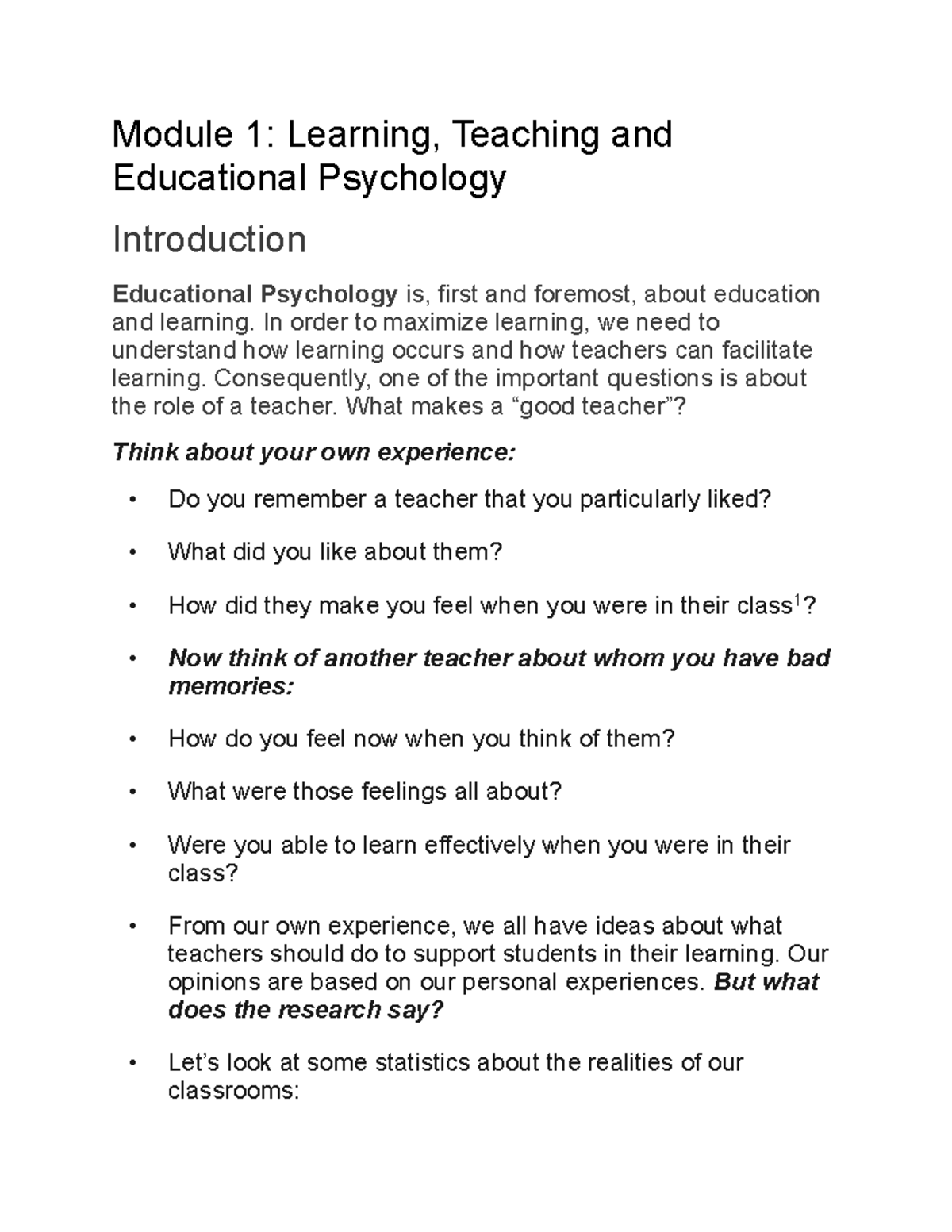 EDUC 210 Module 1 Notes - lecture - Module 1: Learning, Teaching and ...