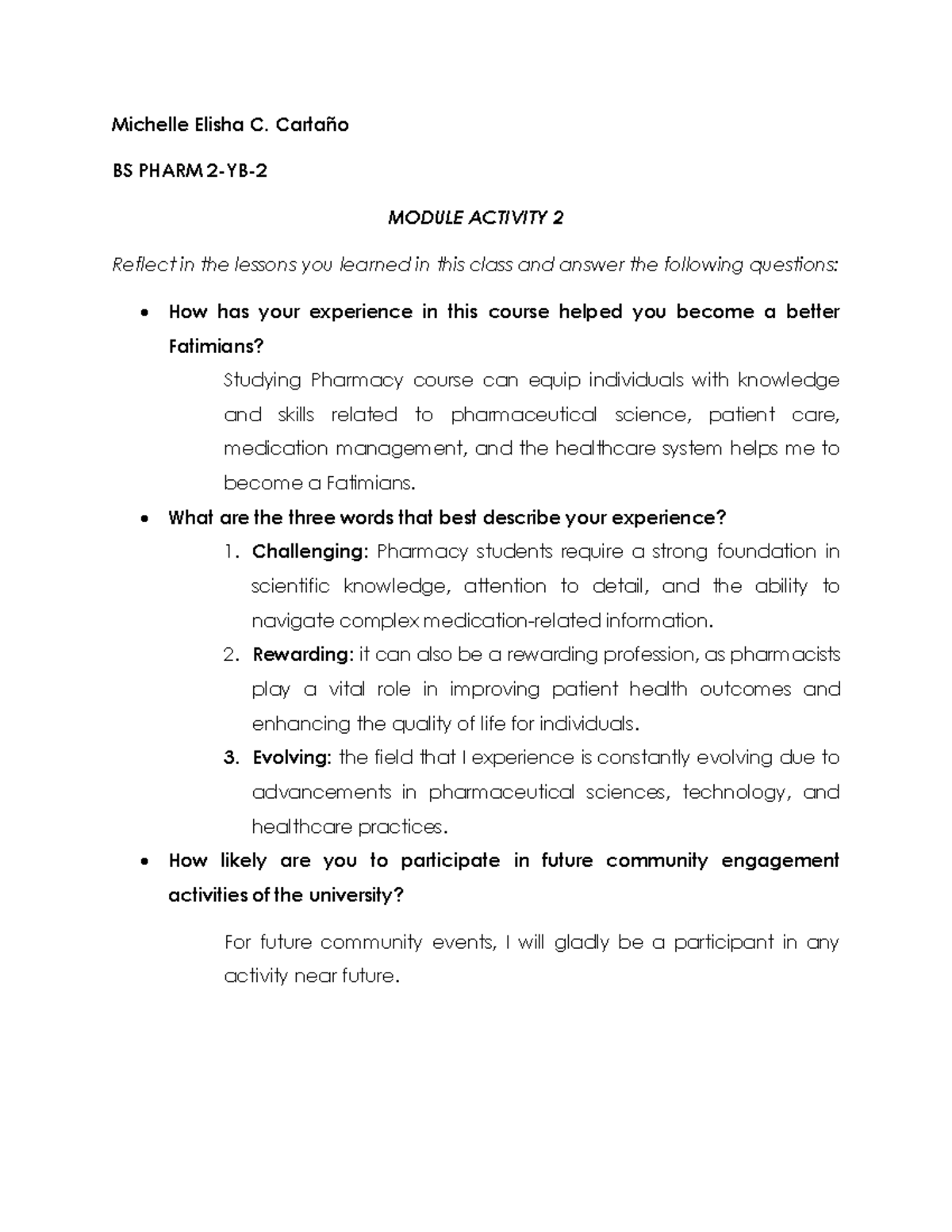 ACT2 VRTS _ 1YB2 - Michelle Elisha C. Cartaño BS PHARM 2-YB- MODULE ACTIVITY 2 Reflect in the ...