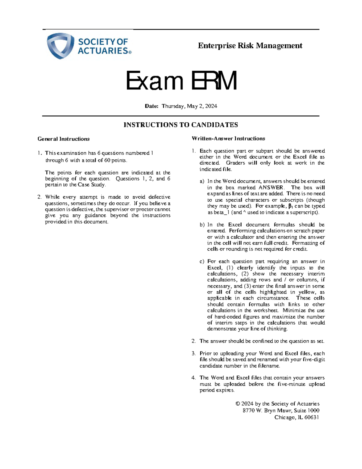 Spring 2024 erm exam - Lecture notes - Enterprise Risk Management Exam ...