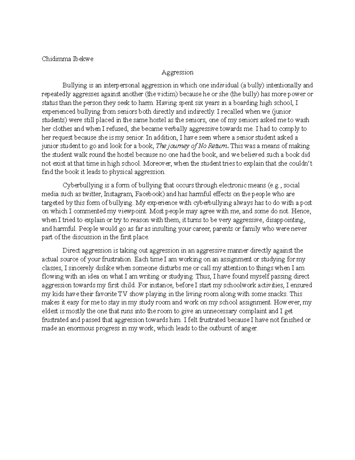 Aggression - Reflection Assignment - Chidimma Ibekwe Aggression ...