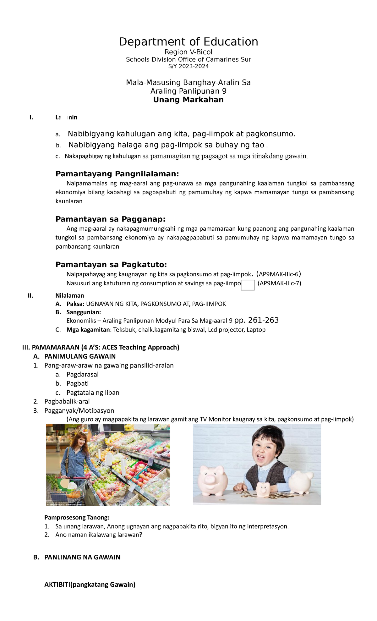 Pag iimpok-Lesson plan - Department of Education Region V-Bicol Schools Division Office of ...