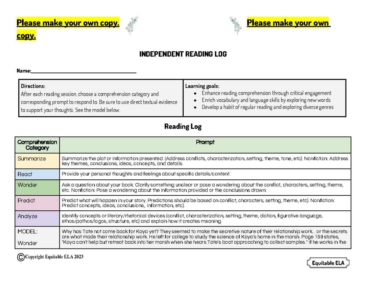 Copy of Reading LOG - mdjdnd - Please make your own copy. Please make ...