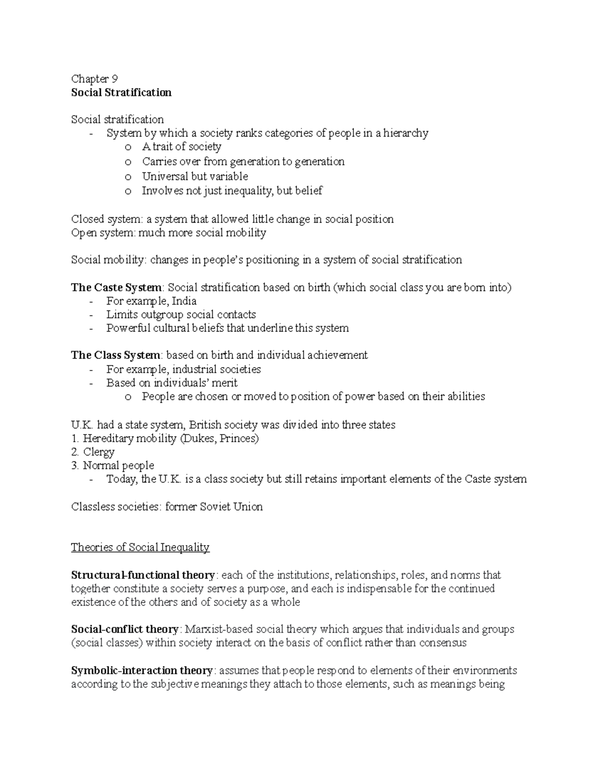 Sociology Notes Chapter 9 - Chapter 9 Social Stratification Social ...