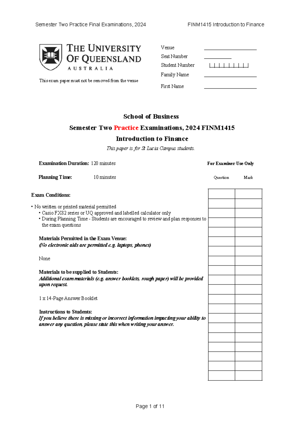 FINM1415 Final Exam S2 2024 (Practice) - Venue Seat Number Student ...
