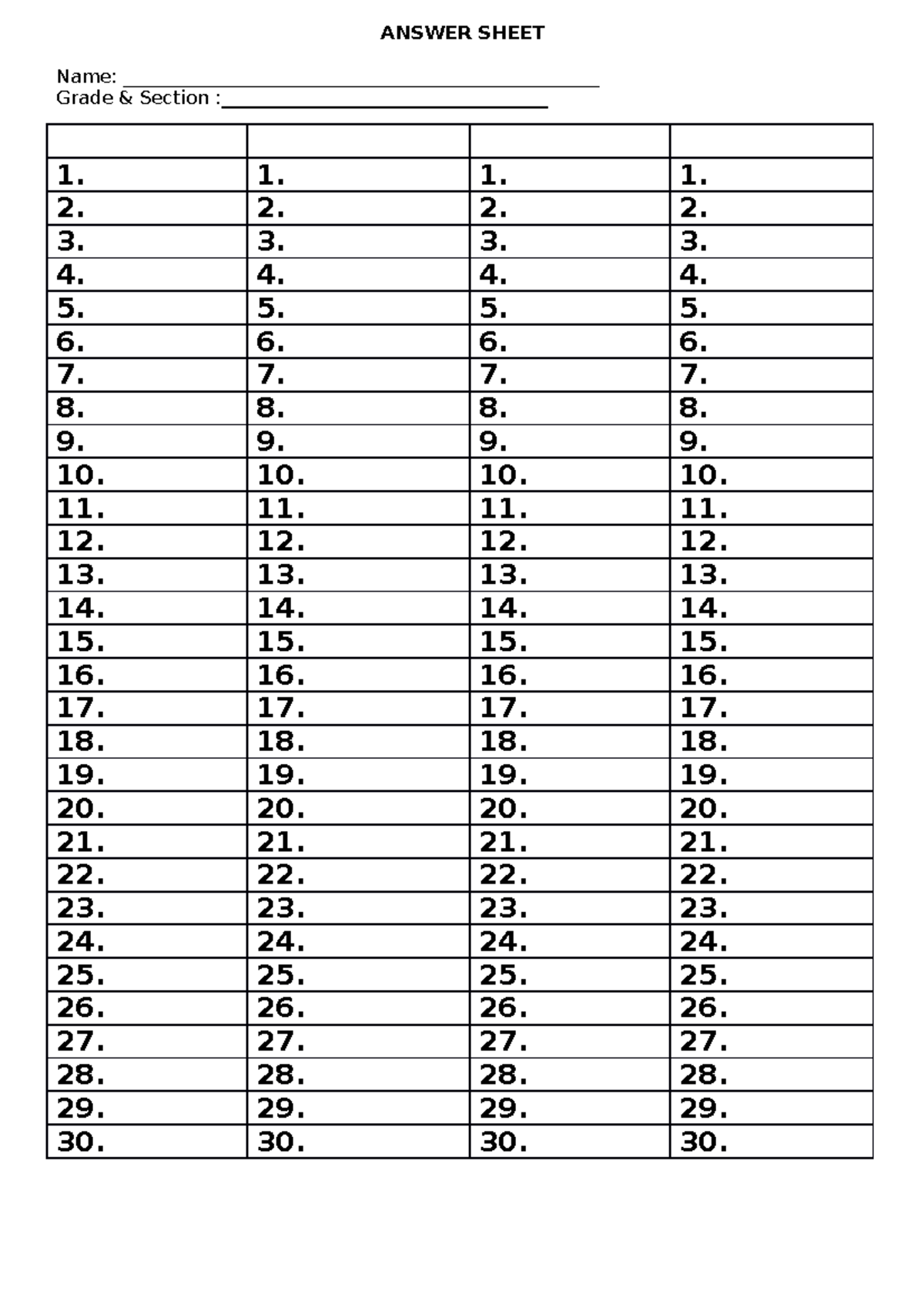 Answer Sheet - NONE - ANSWER SHEET Name