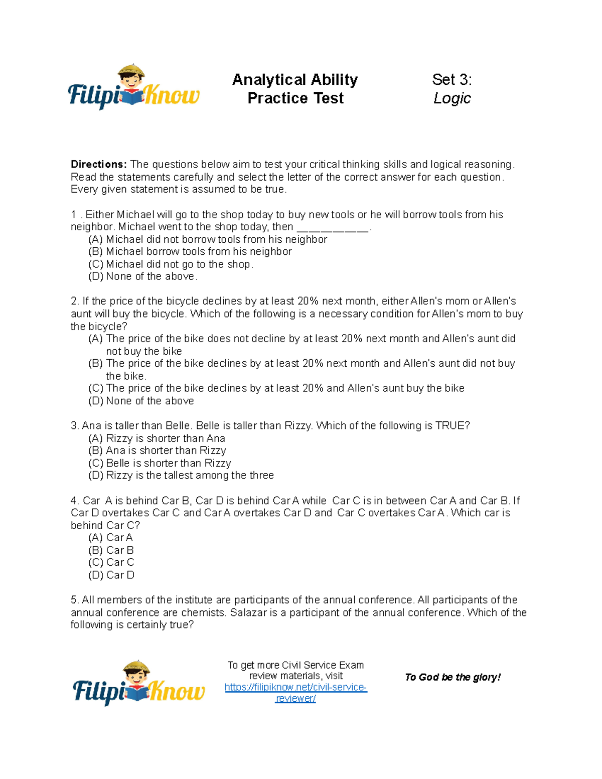 Analytical Ability Practice Test Set 3 - Practice Test Logic Directions ...