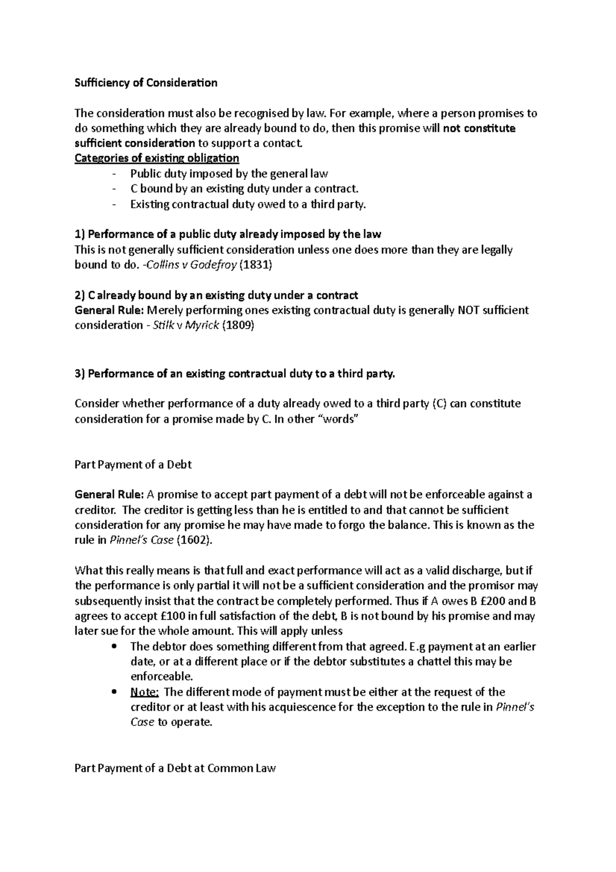 Contract Law Sum 2 - Summary 2 - Sufficiency of Consideration The ...