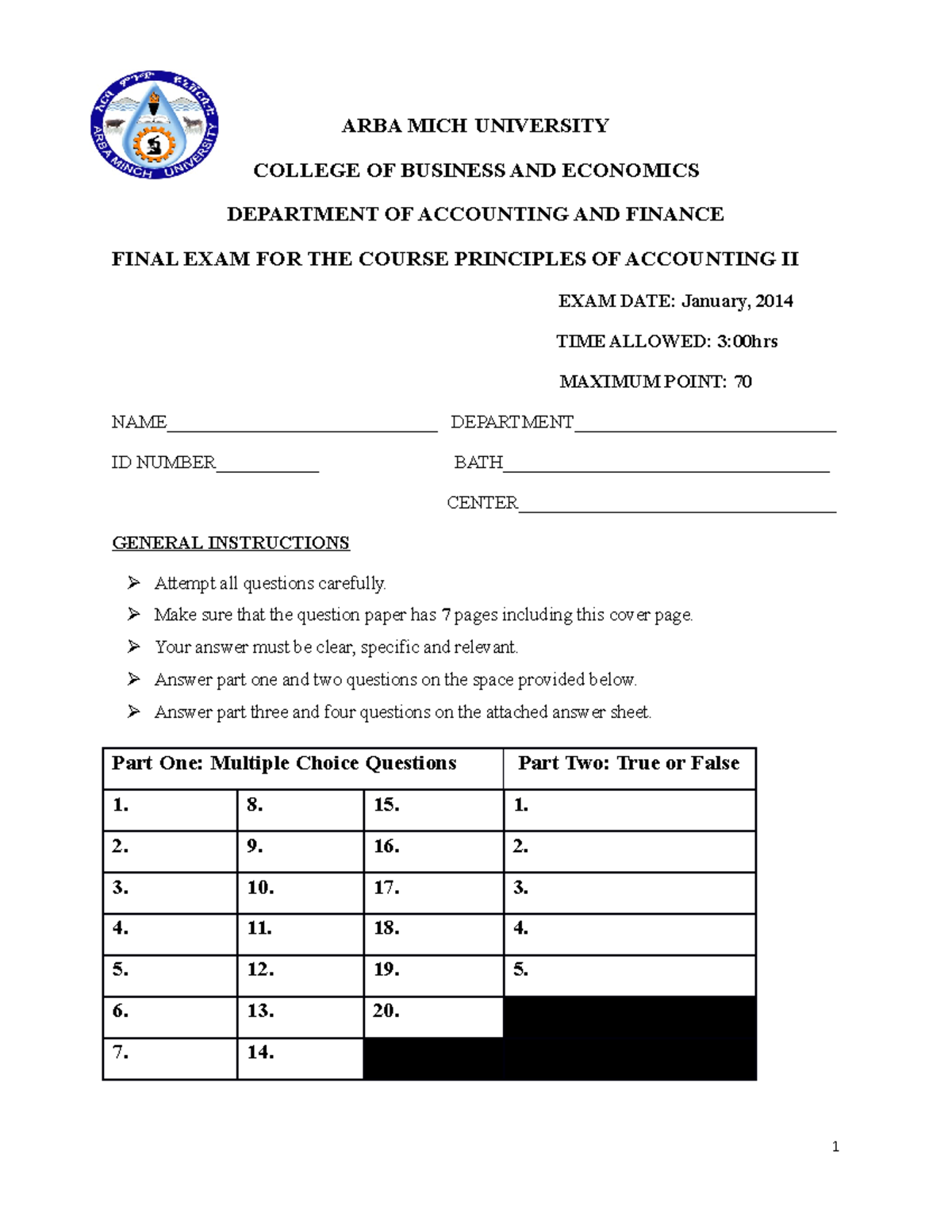 Acc exam - its exam do it - ARBA MICH UNIVERSITY COLLEGE OF BUSINESS ...