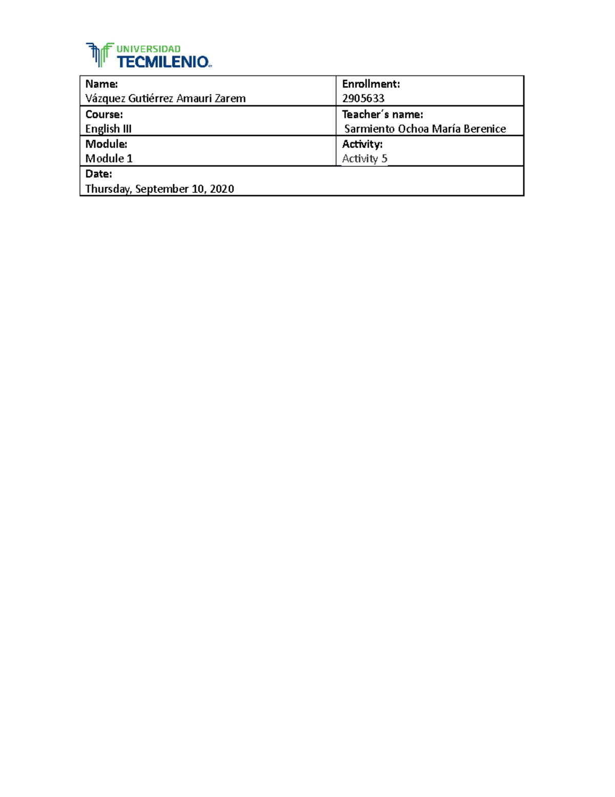 Activity 5 - ACT - Name: Vázquez Gutiérrez Amauri Zarem Enrollment ...