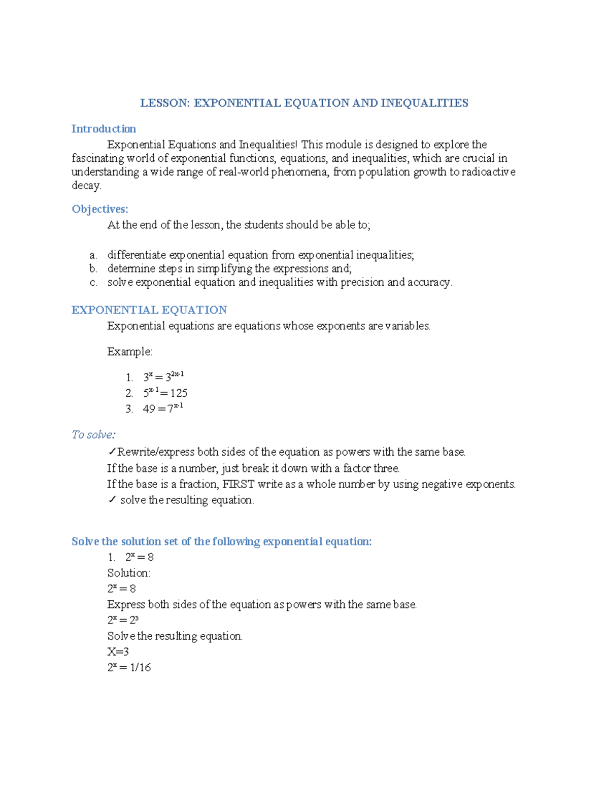 Exponential Equation AND Inequalities Module - LESSON: EXPONENTIAL ...