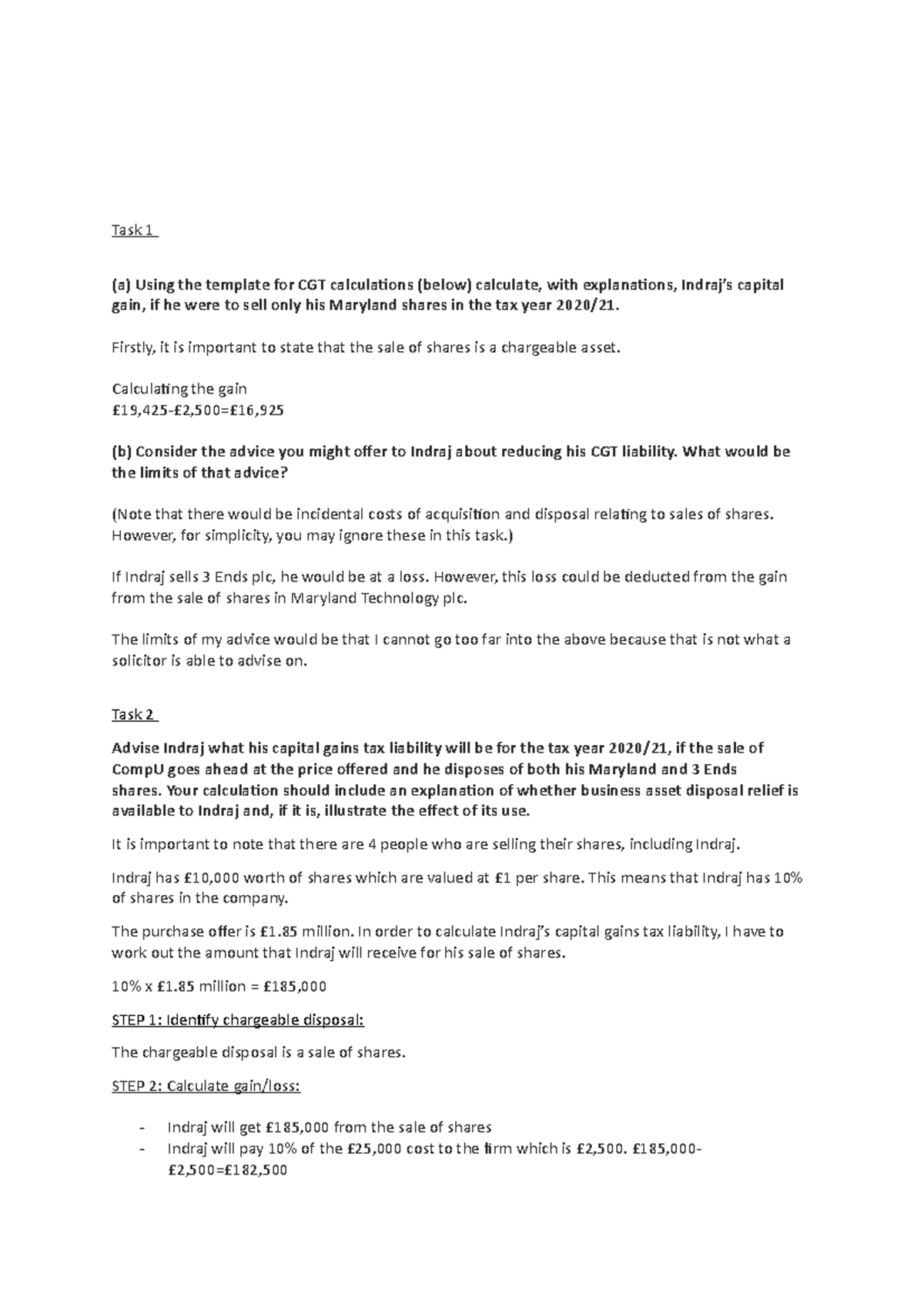 Capital Gains Tax Scenario - Task 1 (a) Using the template for CGT ...