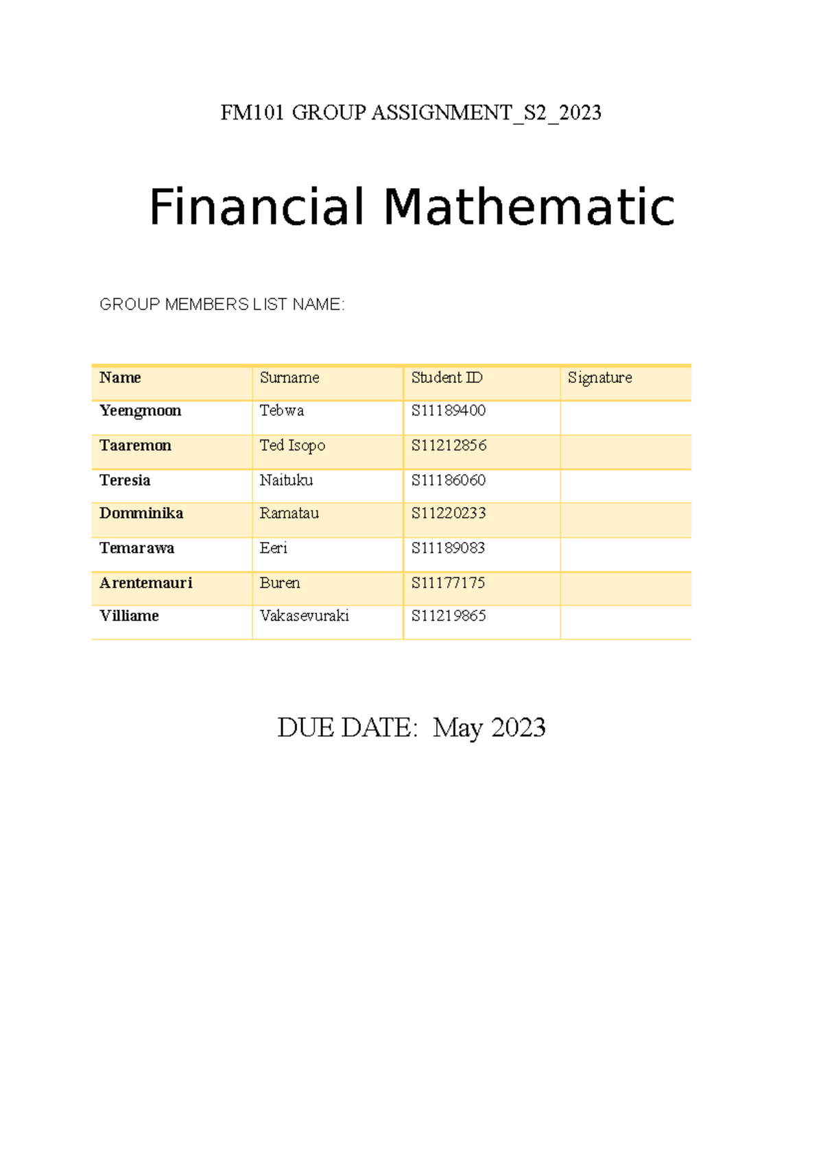 FM101 Assigment S1 2023 - Financial mathematic - USP - Studocu