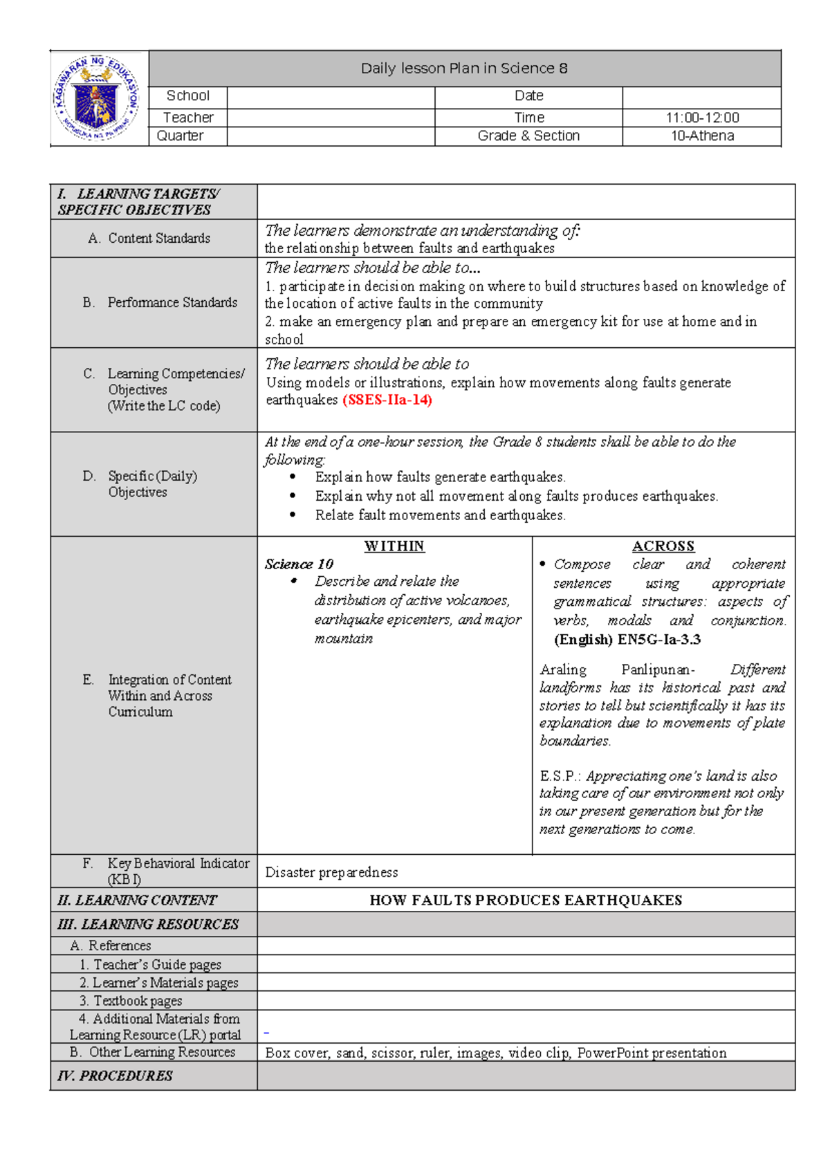 SCI8 Q2D7-8 Earthquakes & Faults - Daily lesson Plan in Science 8 ...