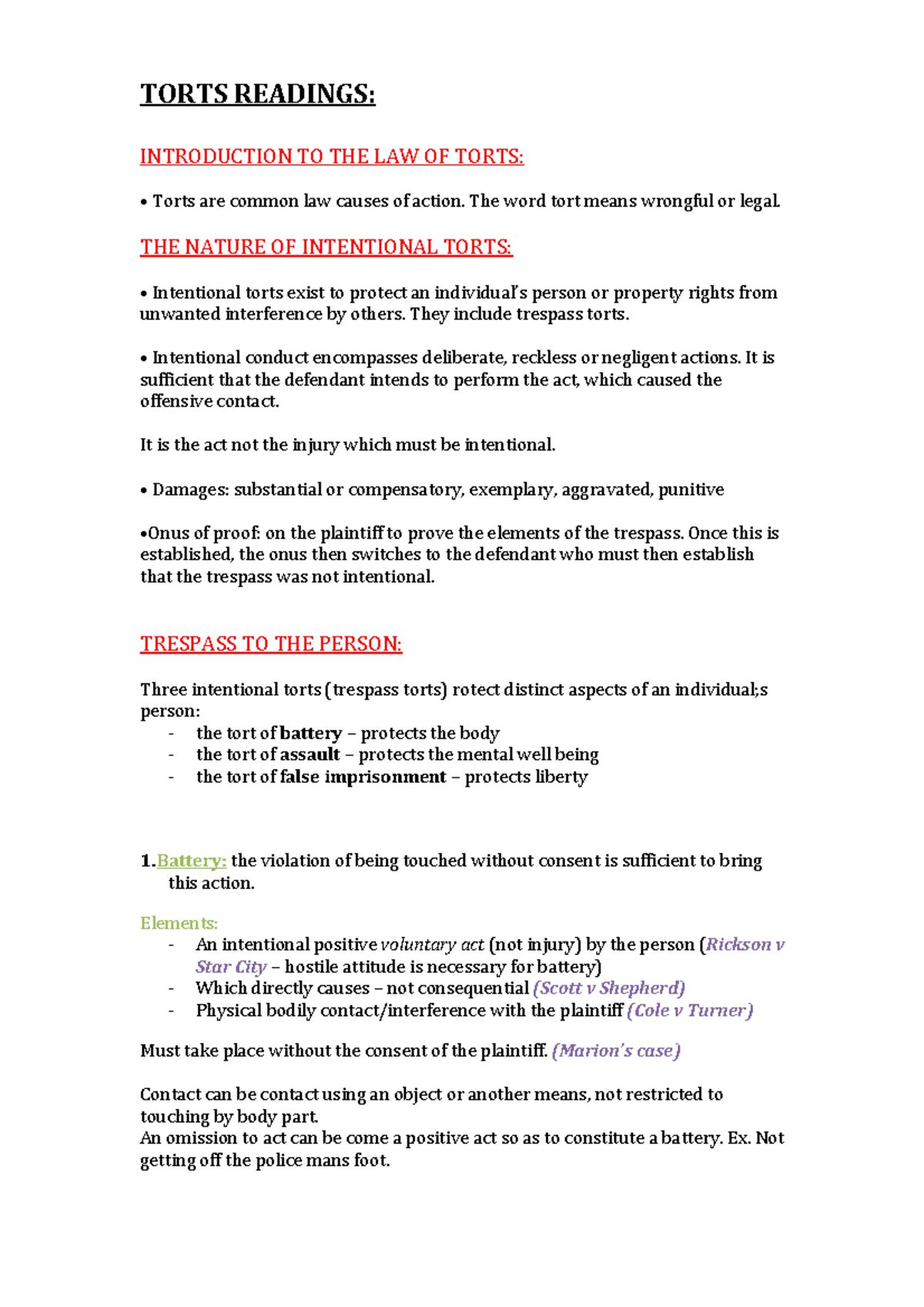 Torts reading - Lecture notes 1-12 - TORTS READINGS: INTRODUCTION TO ...