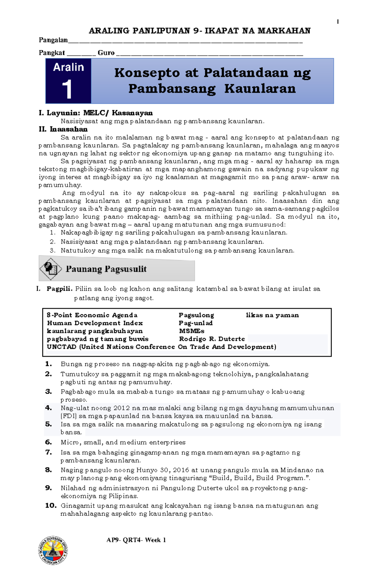 AP9-Q4-W1 - AP9-Economics - ARALING PANLIPUNAN 9- IKAPAT NA MARKAHAN Konsepto at Palatandaan ng ...