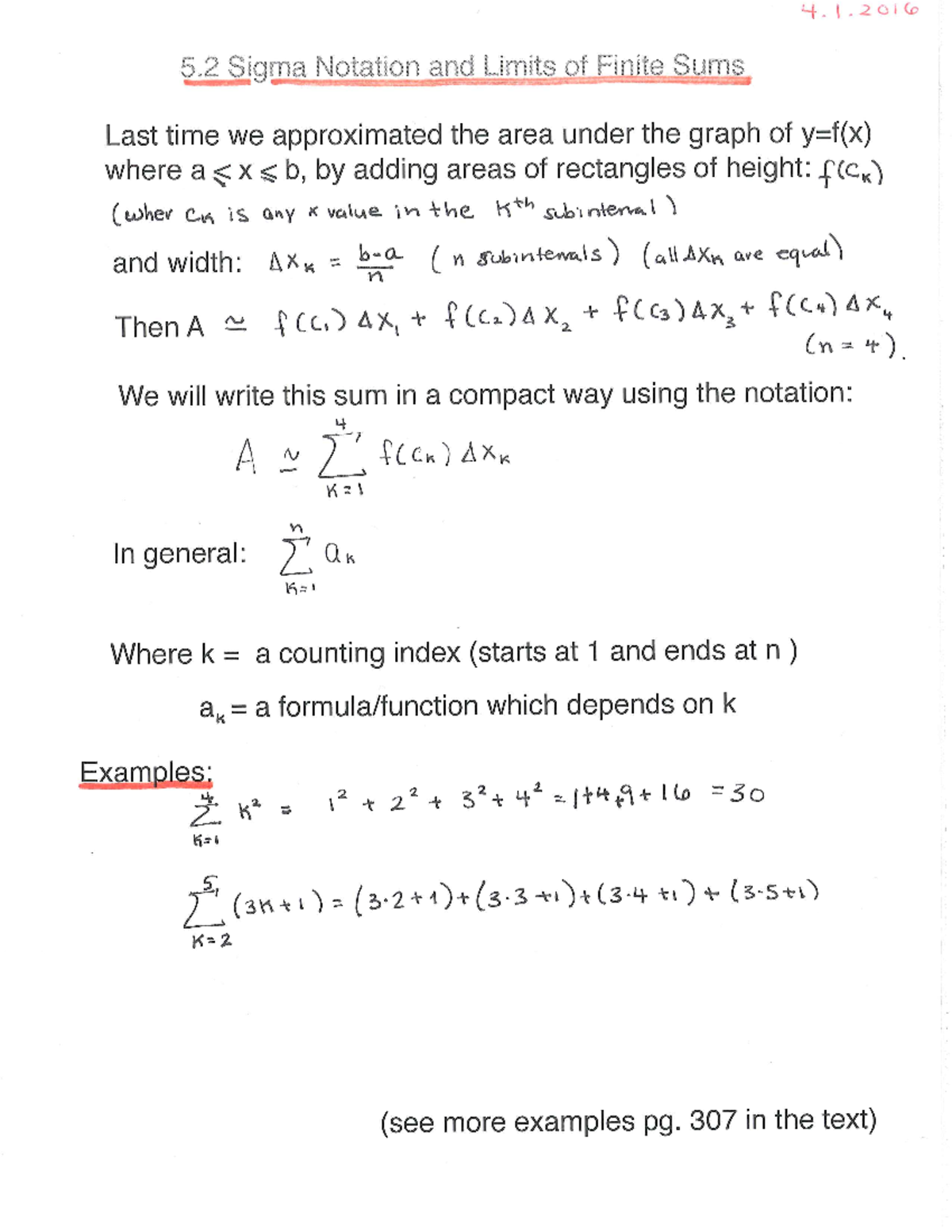 Lecture Notes Lecture Chapter 52 5 Sigma Notation And Limits Of Finite Sums Se See Re Ee Ae