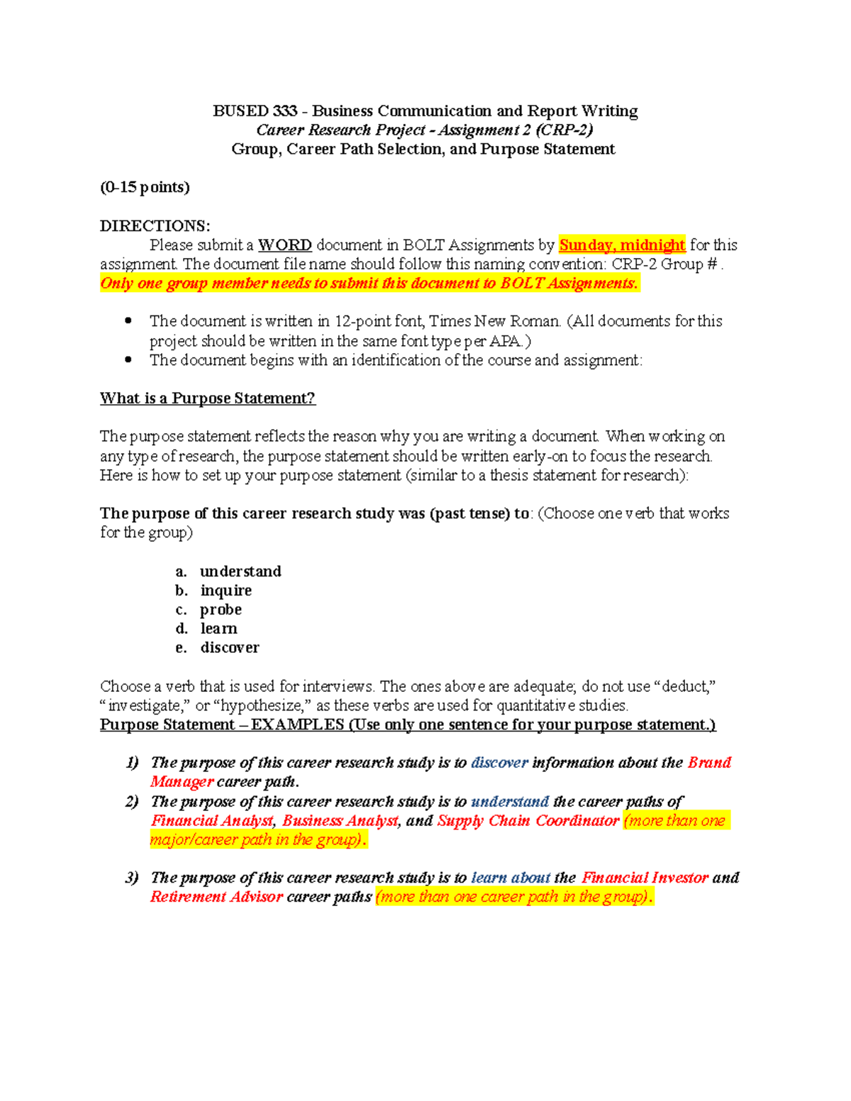 CRP-2 Career paths and Purpose statement generic - BUSED 333 - Business Communication and Report ...