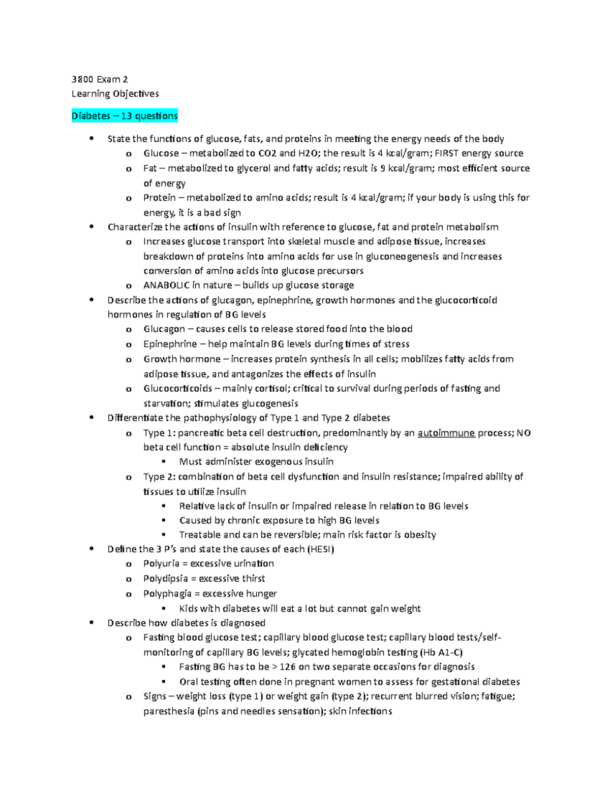 Exam 2 Learning Objectives Diabetes - Studocu