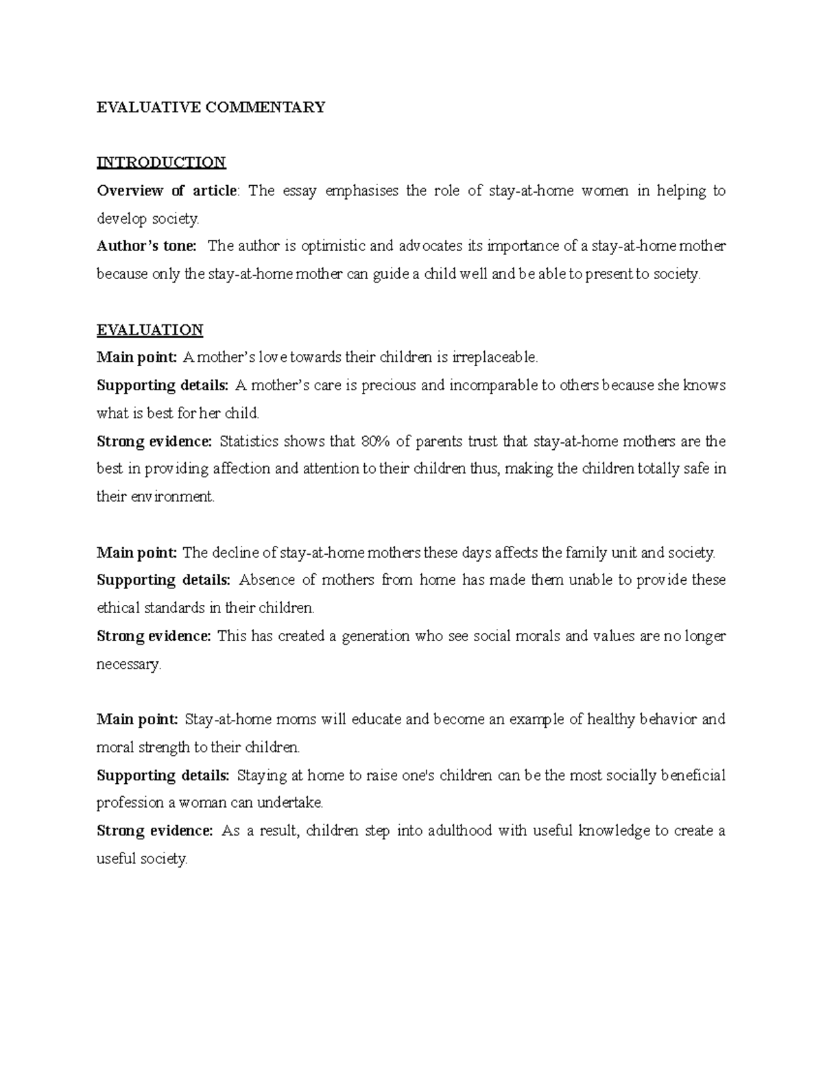 Evaluative Commentary - stay-at-home mother - EVALUATIVE COMMENTARY ...