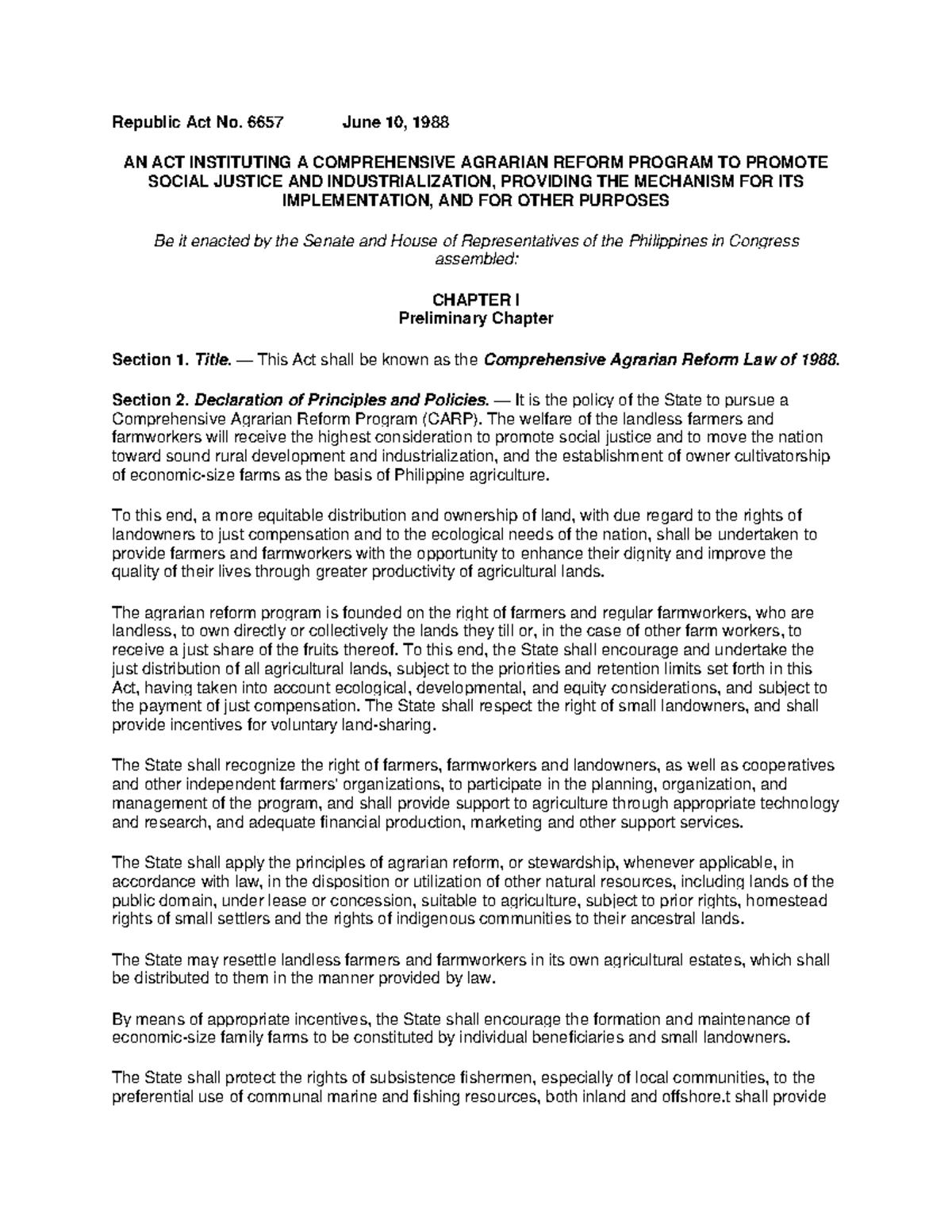 Republic act number 6657 - Republic Act No. 6657 June 10, 1988 AN ACT ...