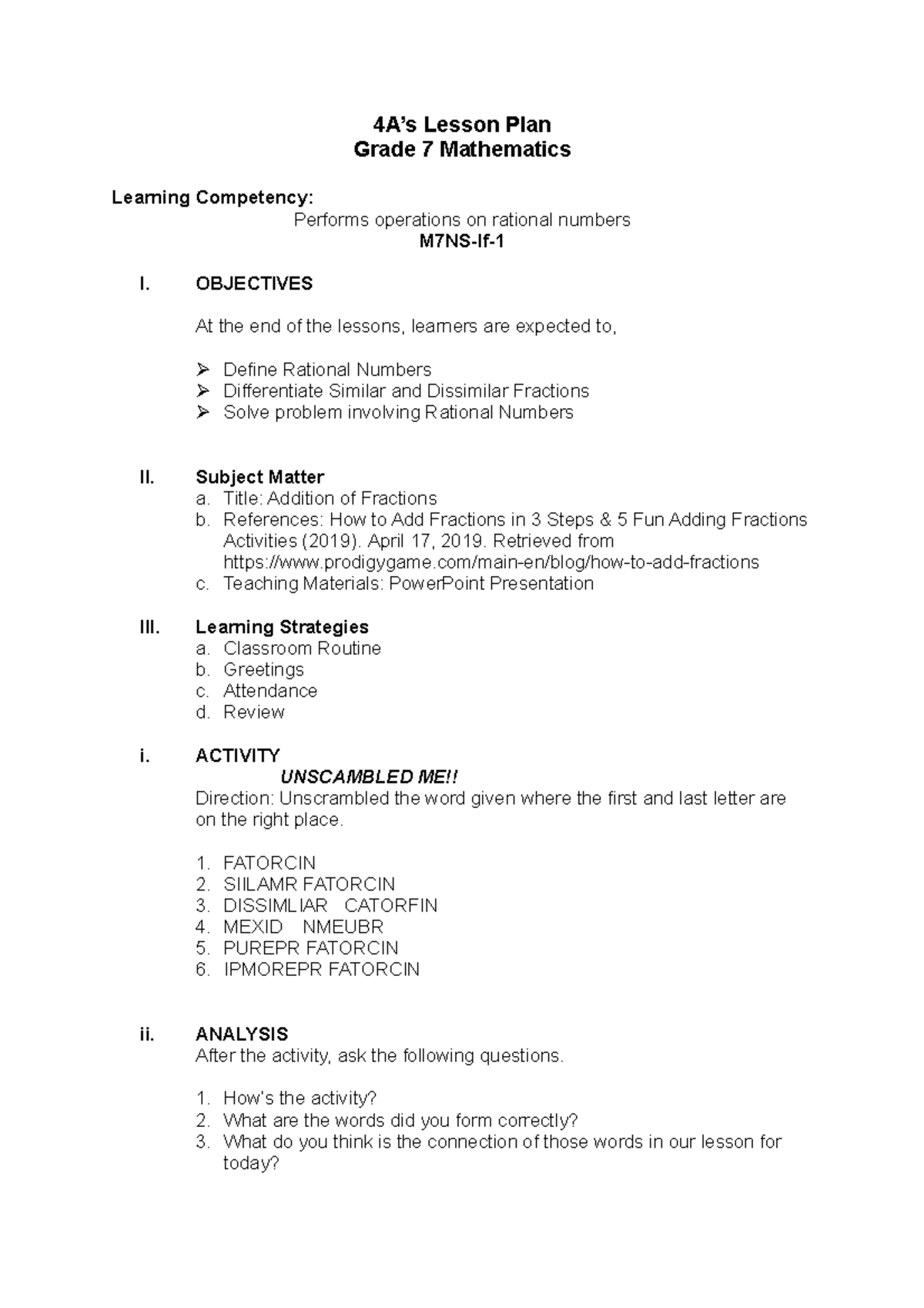 4As-LP - dsafsgfdjkghsdfkfhasiodfasijdfdsvtuyfhasdpoasd - 4A’s Lesson Plan Grade 7 Mathematics ...