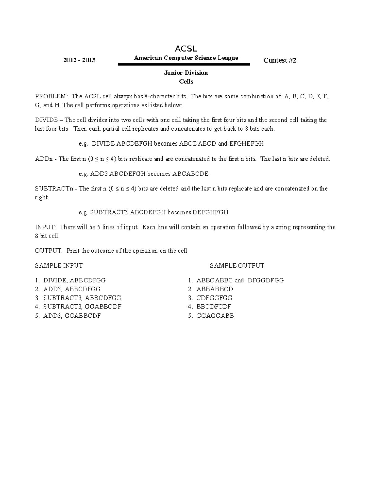 Acsl cells 2 jr - acsl test - ACSL American Computer Science League ...