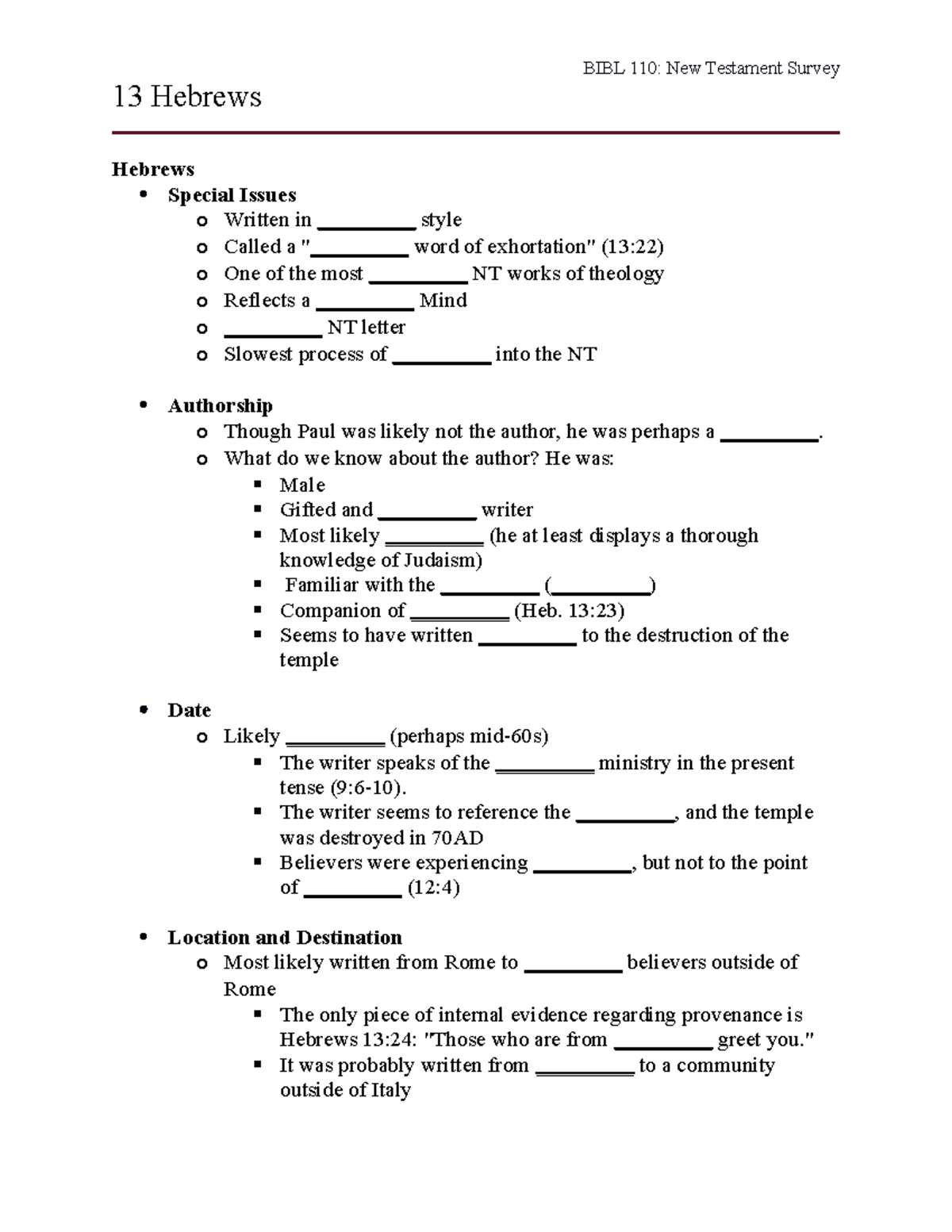 13 Hebrews - Lecture notes from Prof. Bovard. - BIBL 110: New Testament ...