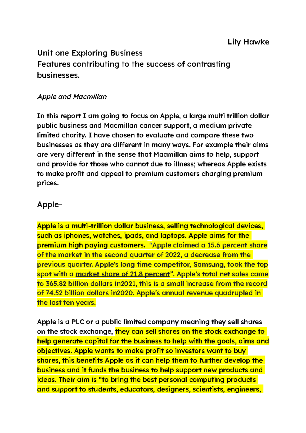 P1 - distinction p1 work - Lily Hawke Unit one Exploring Business ...