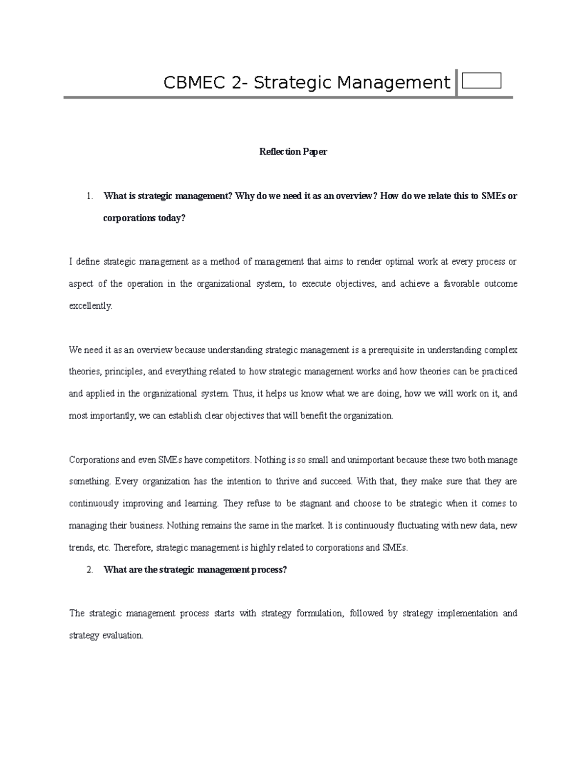 Cbmec 2-Strategic Management - CBMEC 2- Strategic Management Reflection ...