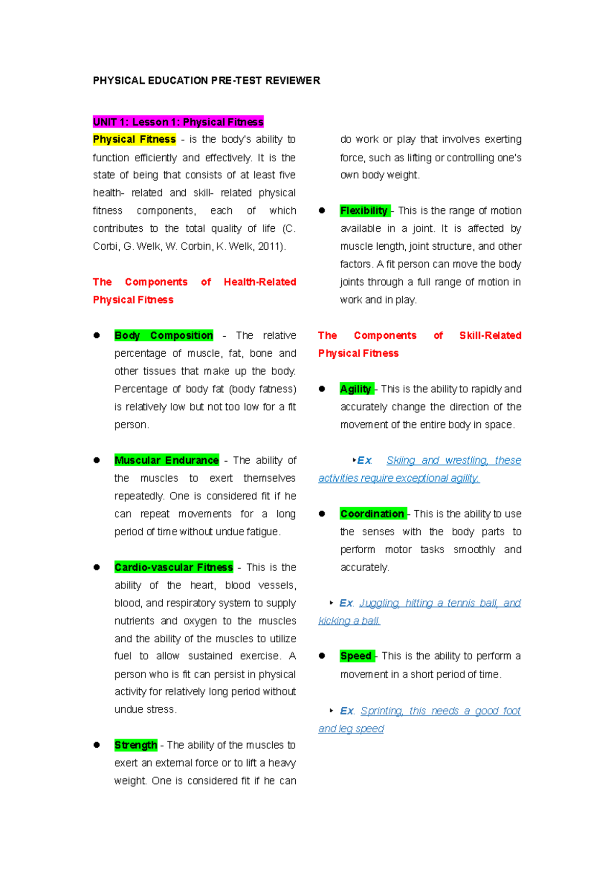 Physical Education Reviewer - PHYSICAL EDUCATION PRE-TEST REVIEWER UNIT ...