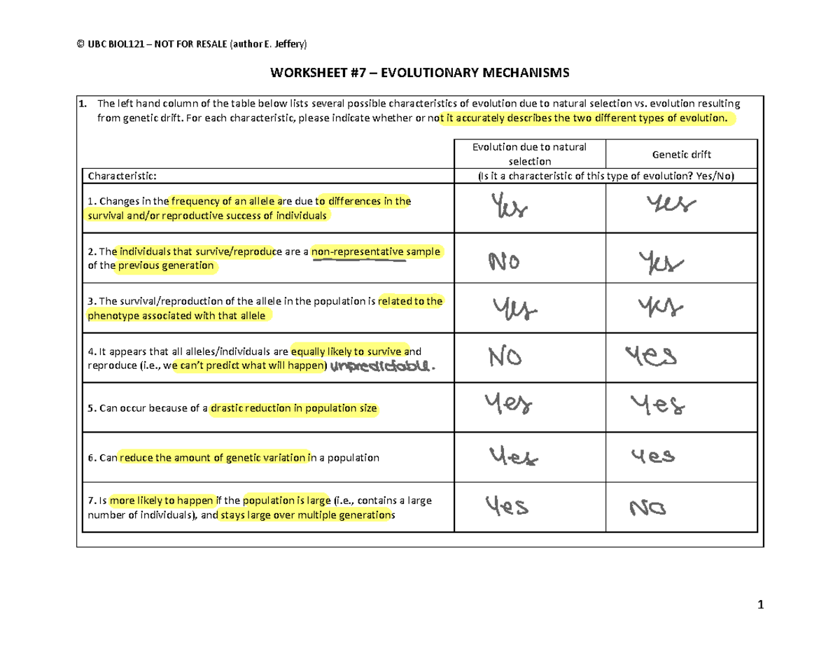 Worksheet 5 - document - WORKSHEET #7 – EVOLUTIONARY MECHANISMS 1. The ...