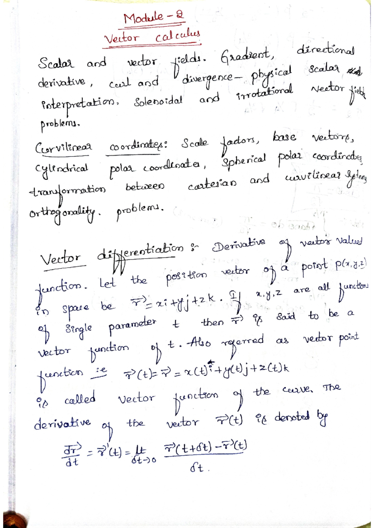 Module 2 vector calculus 1 - Module 2 Vector calculus derivative, curl and physical excd Scalar ...