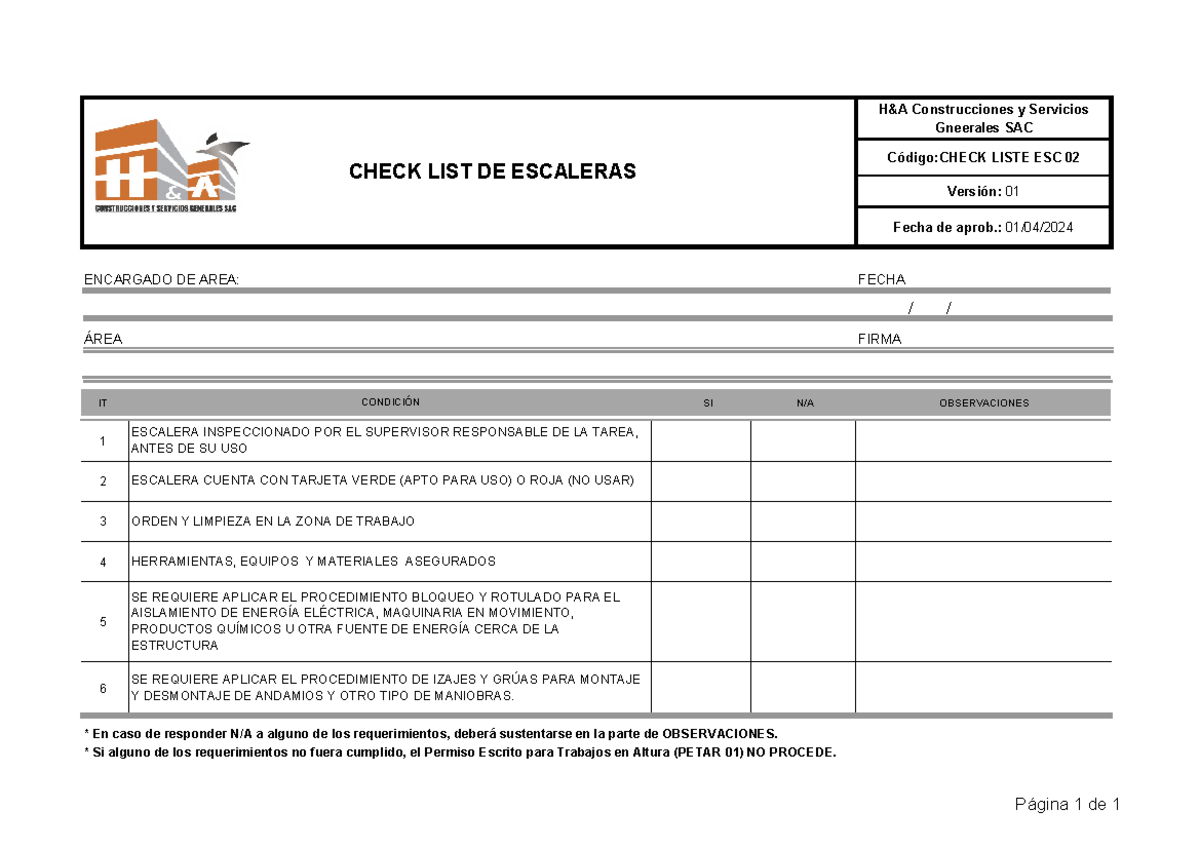 Check list escaleras - SFDSDFJDAFJ - H&A Construcciones y Servicios ...