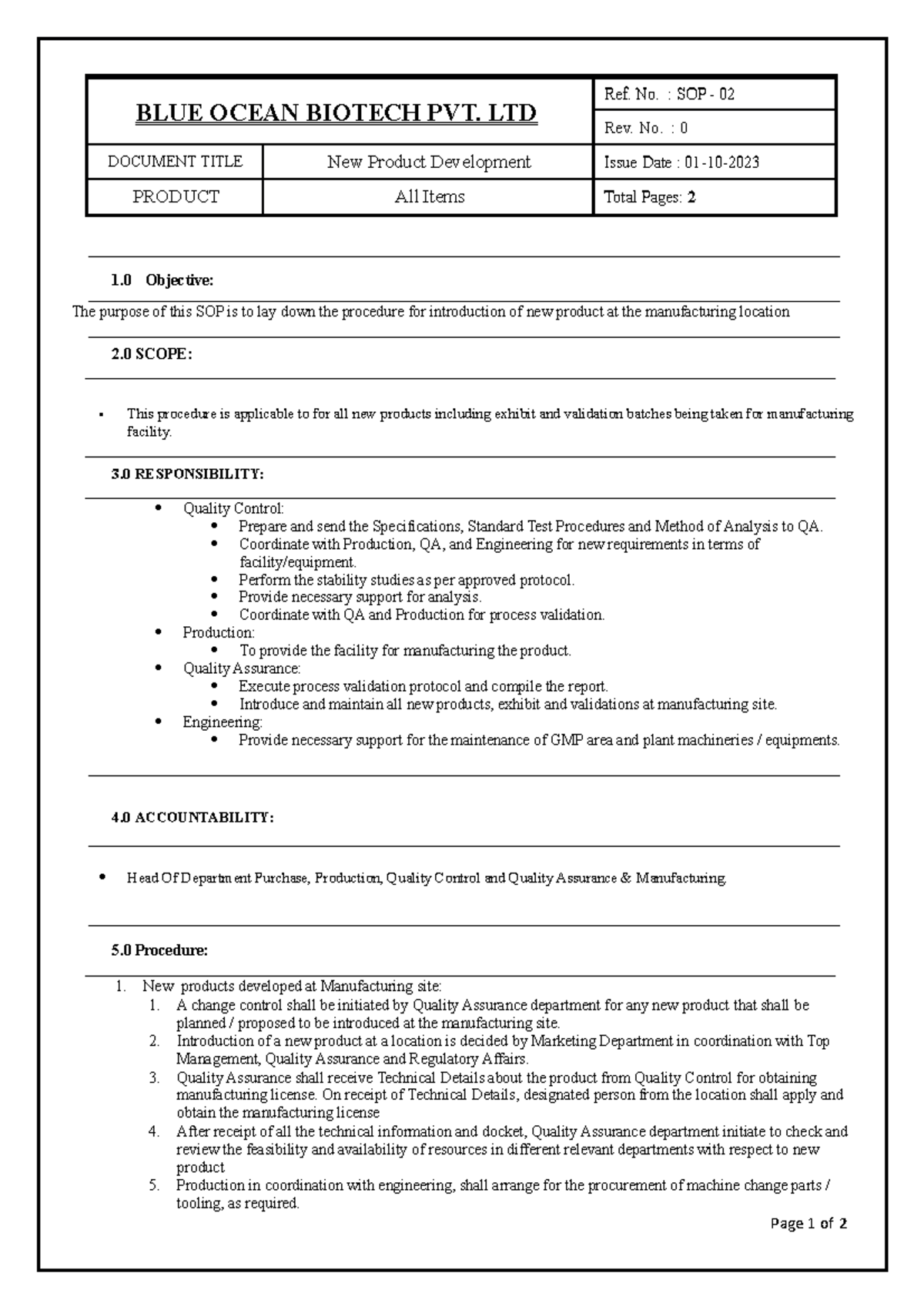 SOP For New Product Development - Page 1 of 2 BLUE OCEAN BIOTECH PVT ...
