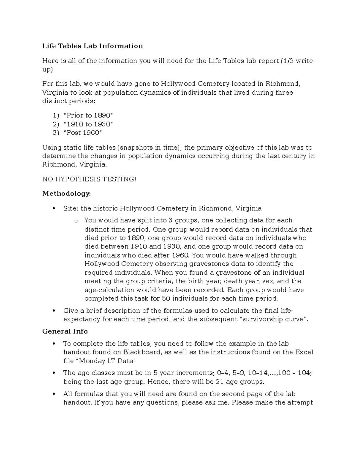 Life Tables Lab Report Information - Life Tables Lab Information Here ...