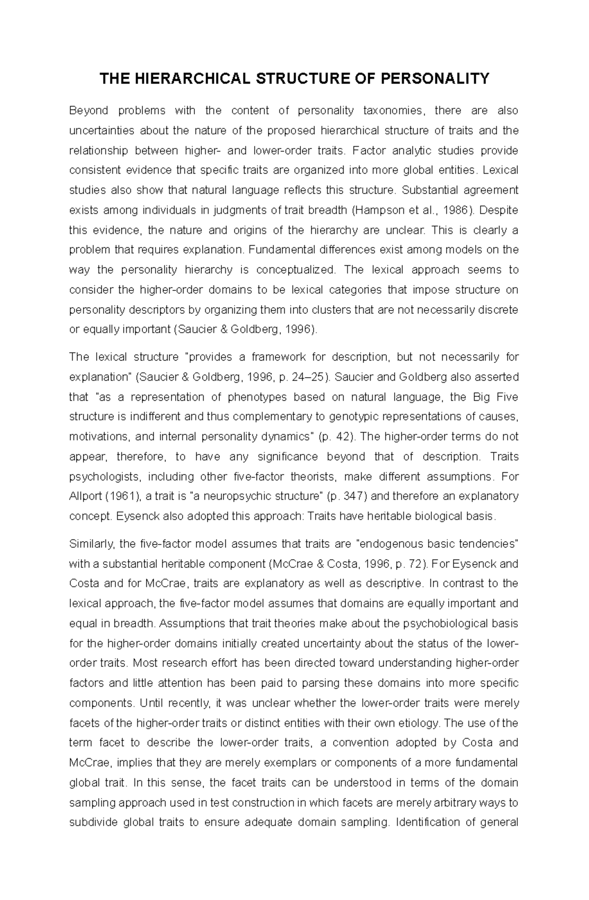 THE Hierarchical Structure OF Personality - THE HIERARCHICAL STRUCTURE ...