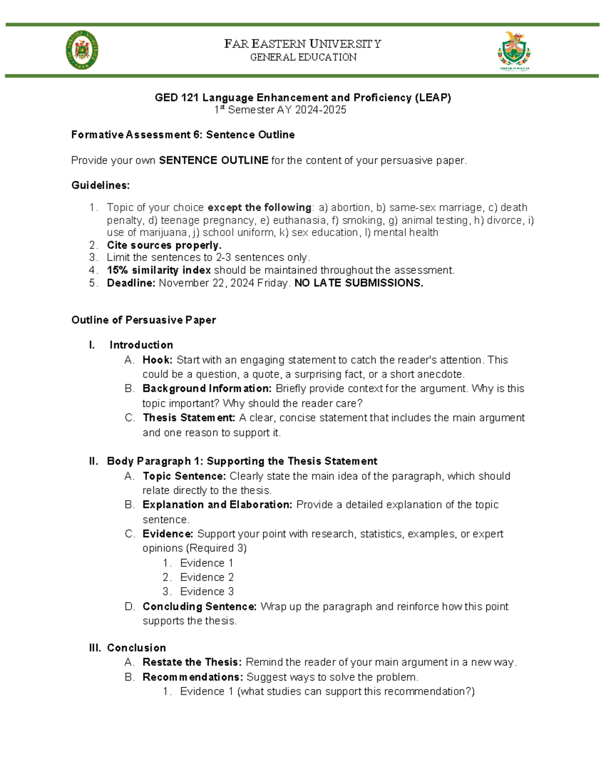 FA+6+Outline+for+Persuasive+Paper - FAR EASTERN UNIVERSITY GENERAL ...