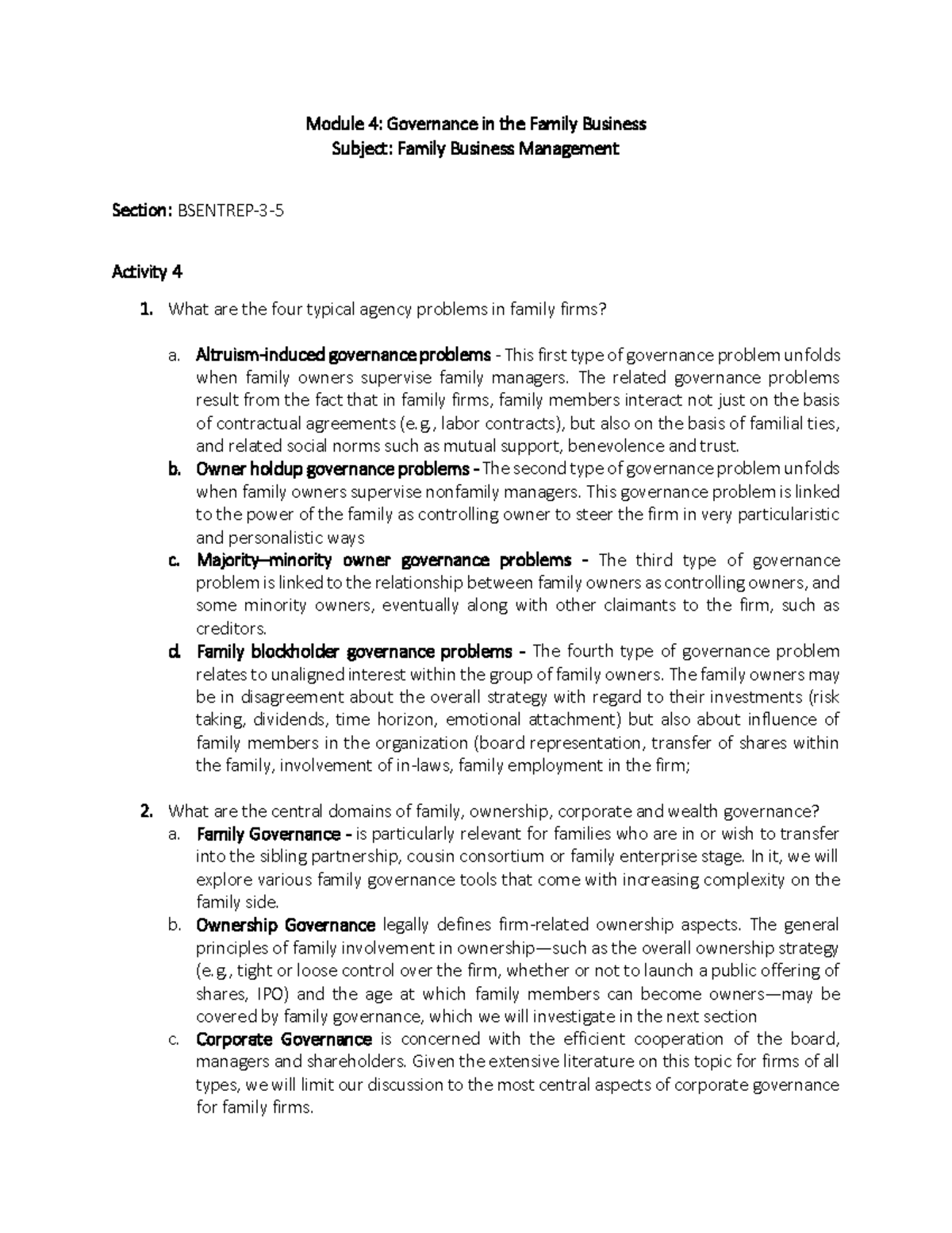FBM Activity#4 - homework - Module 4 : Governance in the Family ...