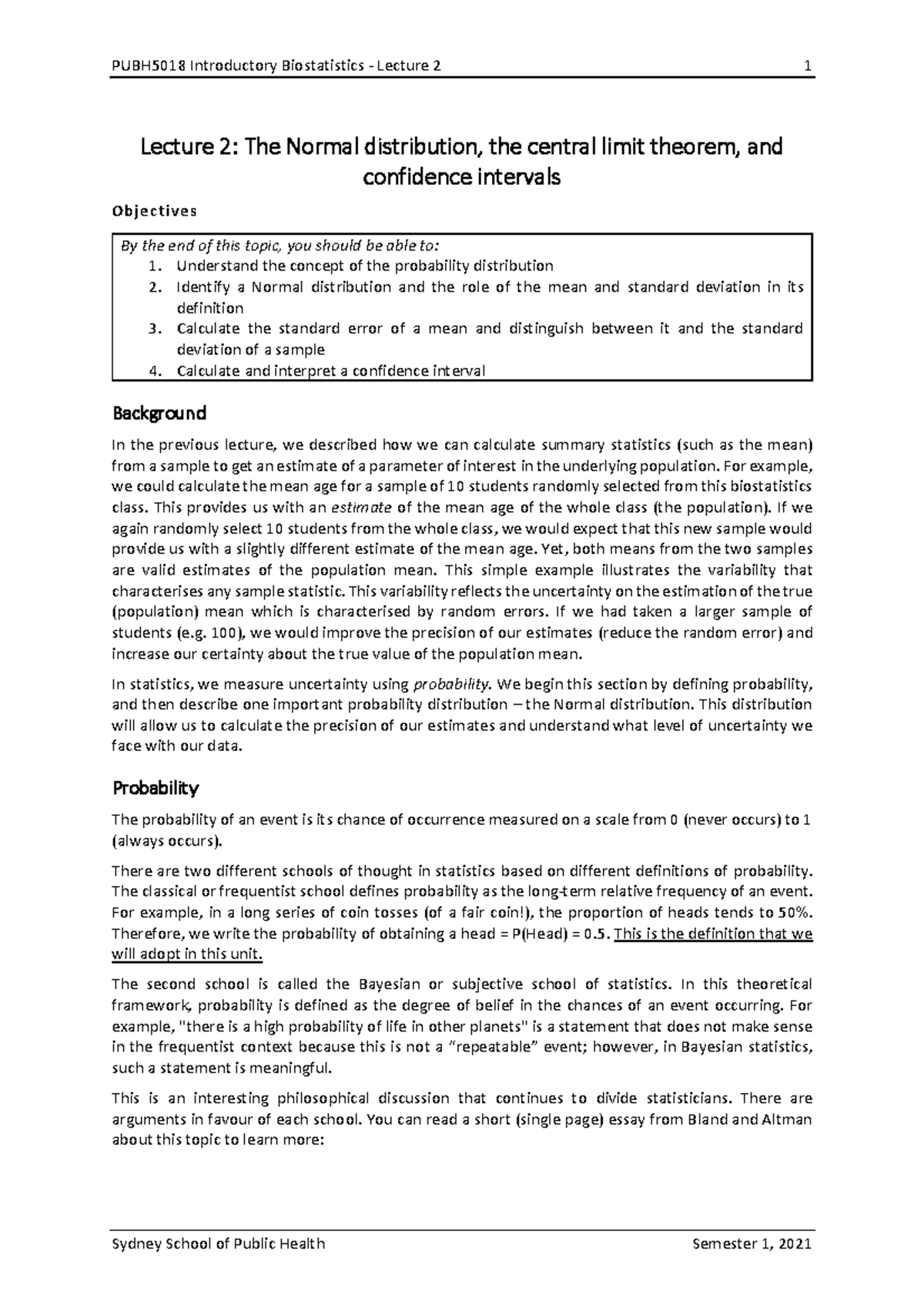 Lecture 2 - CLT and Confidence Intervals - Lecture 2 : The Normal ...