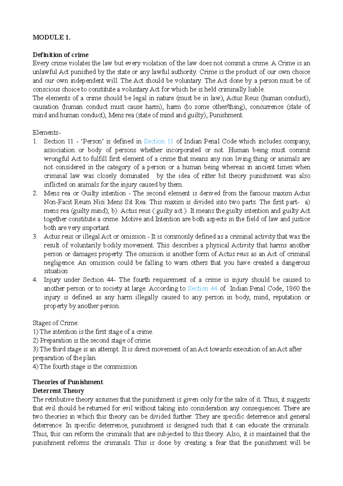 IPC notes - Read - MODULE 1. Definition of crime Every crime violates ...