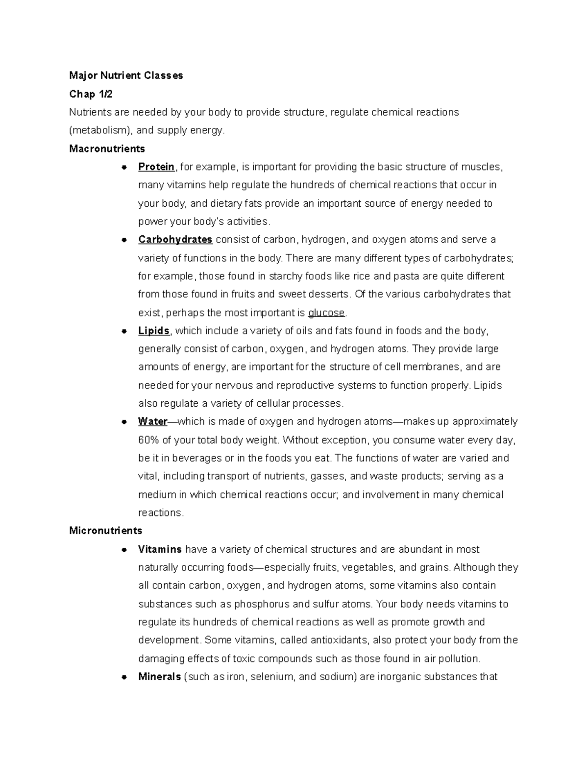 Nutrition and Health Course Notes - Major Nutrient Classes Chap 1 ...