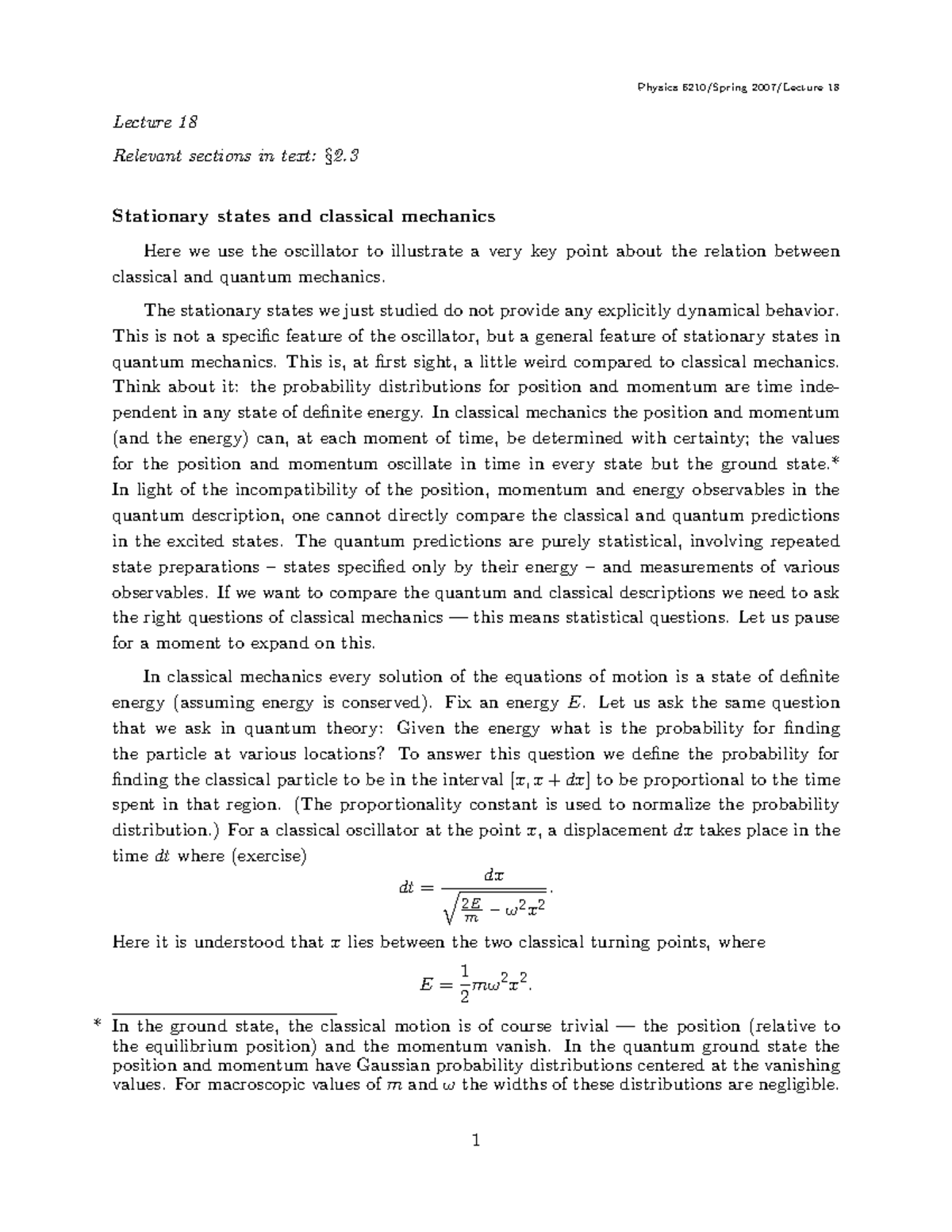 18.pdf stationary states and classical mechanics - Lecture 18 Relevant ...