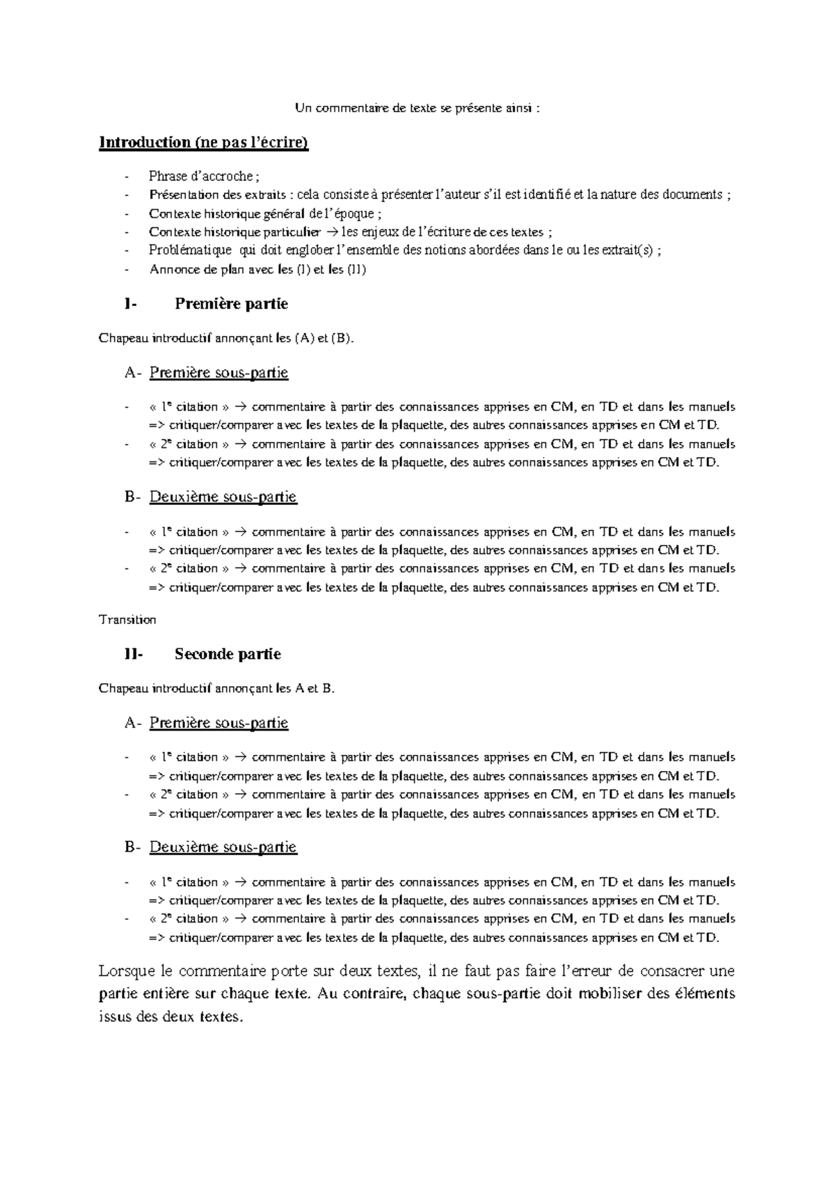 Rappel De Méthodologie Un Commentaire De Texte Se Présente Ainsi