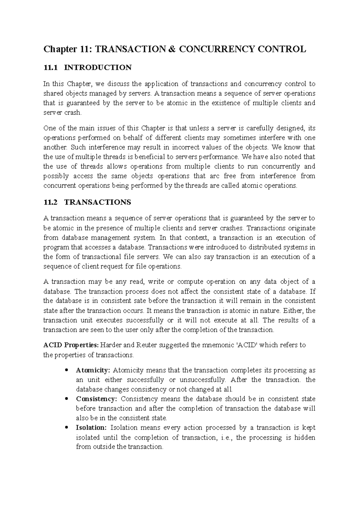 Unit 4 Transaction Concurrency Control Notes Chapter 11 Transaction And Concurrency Control 11
