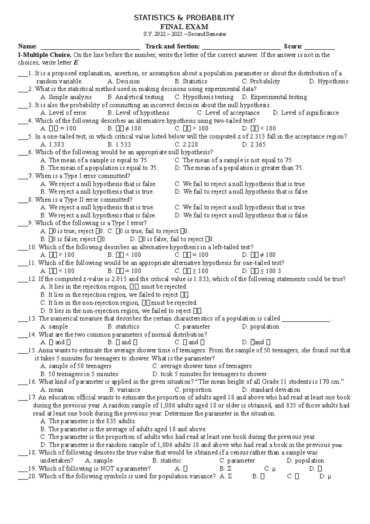 Final-EXAM-IN- Statistics-SY-2022-2023 - STATISTICS & PROBABILITY FINAL ...