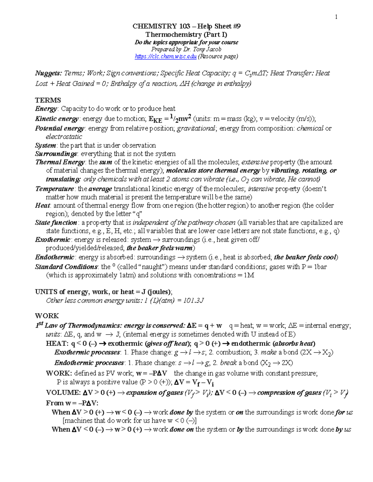 Helpsheet 09 103 - CHEMISTRY 103 – Help Sheet Thermochemistry (Part I ...