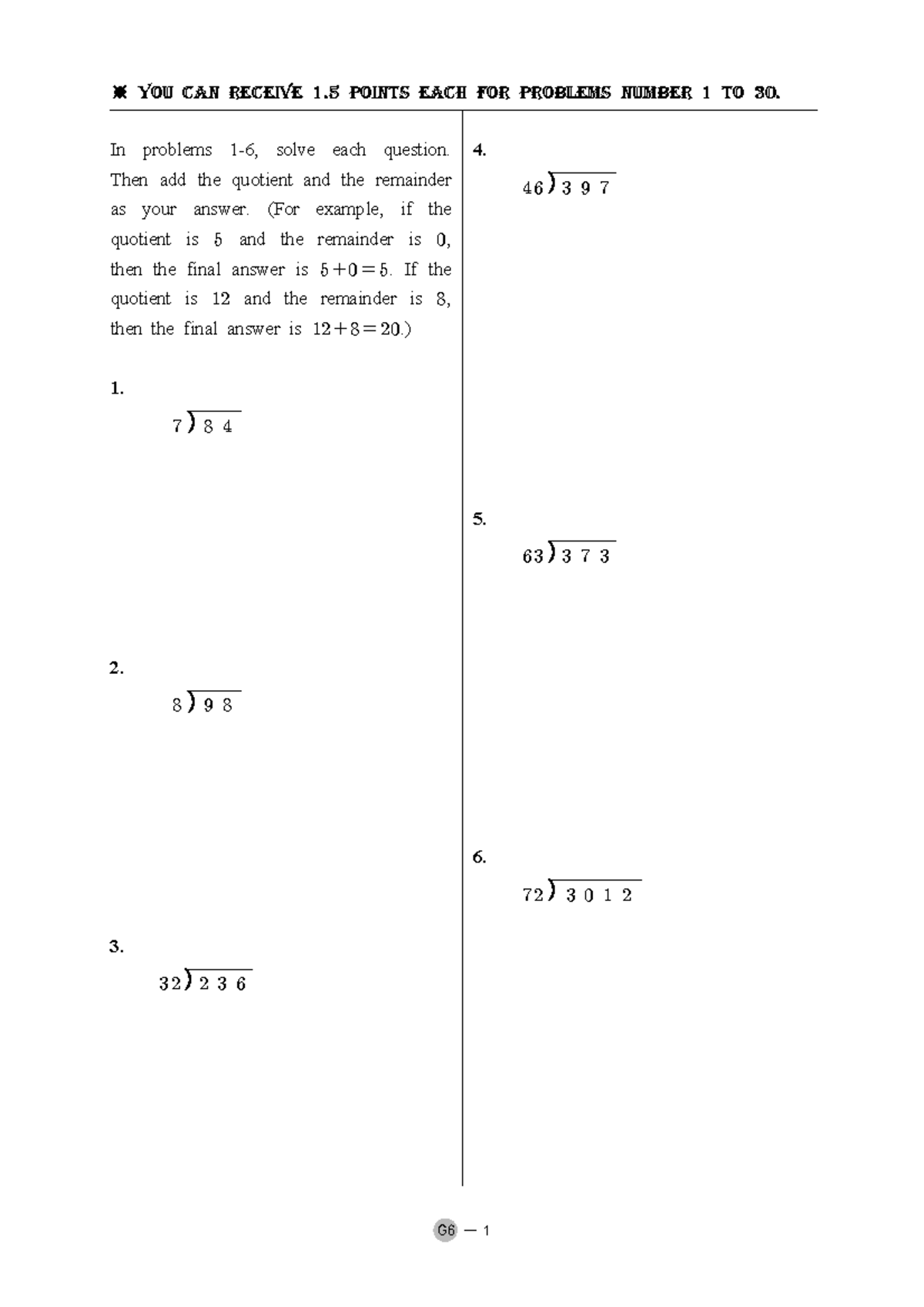 2021 G6 US - Eye Level Math olympiad - In problems 1-6, solve each ...